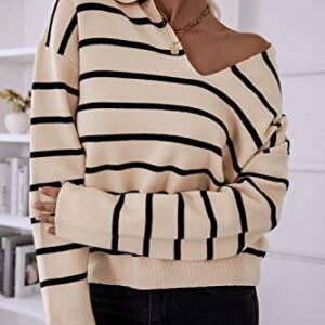 CFLONGE Women's Fall Winter Casual Breton Striped Long Sleeve Polo V Neck Pullover Sweater Loose Fit Drop Shoulder Knitted Shirts Tops(Small,Apricot)