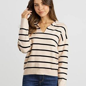 CFLONGE Women's Fall Winter Casual Breton Striped Long Sleeve Polo V Neck Pullover Sweater Loose Fit Drop Shoulder Knitted Shirts Tops(Small,Apricot)