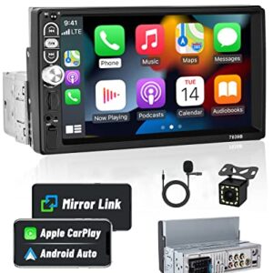 Hikity Single Din Car Stereo 7 Inch Touchscreen with Apple Carplay Android Auto Bluetooth 5.1, Car Audio Receiver with Mirror Link FM Radio SWC USB AUX TF Card and 12LED Backup Camera