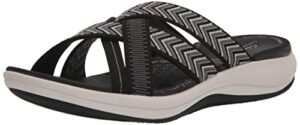 clarks women's mira grove flat sandal, black textile, 6