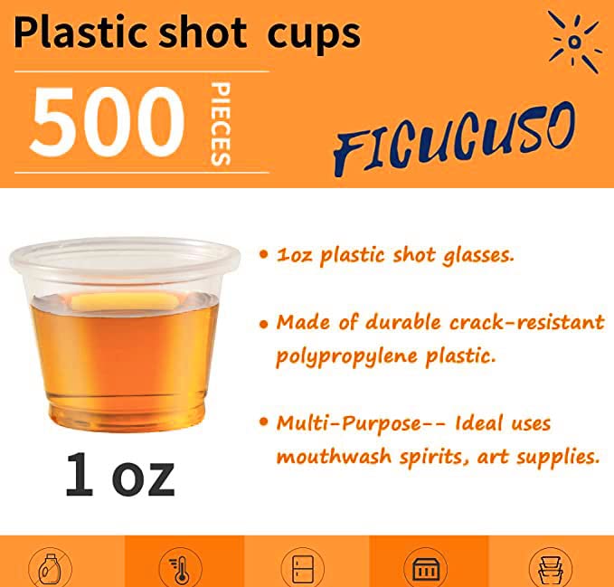 [500 Count -1 oz] Disposable Shot Glasses,Shatterproof No Lids, 1oz Jello Shot Cups Clear Plastic Souffle Cups, Perfect Container for Bathroom, Party, Espresso, Tasting, Samples, Mouthwash Cups