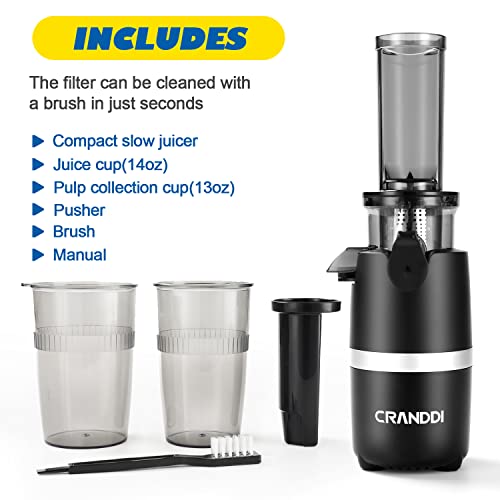 CRANDDI Super Mini Juicer Machines, 110v, 100w Slow Masticating Juicer Easy to Clean, Cold Press Juice Extractor with Brush and Reverse Function for Fruit Vegetable Juice, M-228 Black