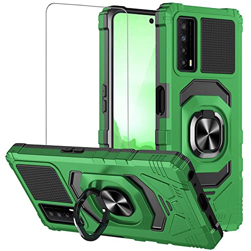 TJS for TCL Stylus 5G 2022 Case, with Tempered Glass Screen Protector, Metal Ring Magnetic Support Kickstand Heavy Duty Drop Protector Phone Case Cover (Green)