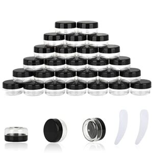 25pcs 10 gram sample containers, 10ml empty jars with lids, small cosmetic containers, mini sample jars with 2pcs mini spatulas for make up, oils, lotion, powder, paint, jewelry, lip balms(black lid)