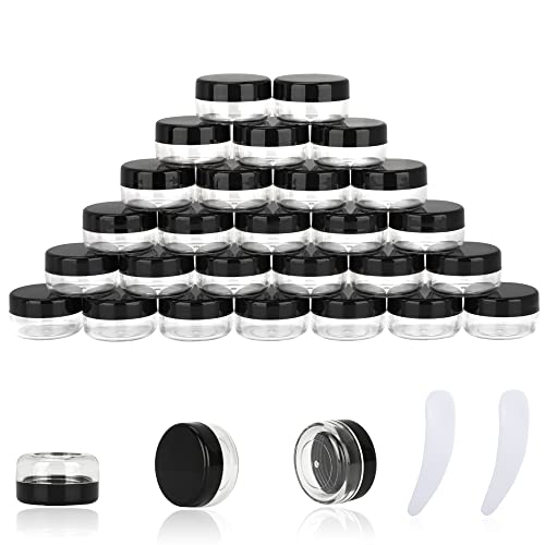 25PCS 10 Gram Sample Containers, 10ml Empty Jars with Lids, Small Cosmetic Containers, Mini Sample Jars with 2PCS Mini Spatulas for Make Up, Oils, Lotion, Powder, Paint, Jewelry, Lip Balms(Black Lid)