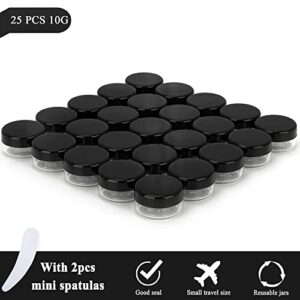 25PCS 10 Gram Sample Containers, 10ml Empty Jars with Lids, Small Cosmetic Containers, Mini Sample Jars with 2PCS Mini Spatulas for Make Up, Oils, Lotion, Powder, Paint, Jewelry, Lip Balms(Black Lid)