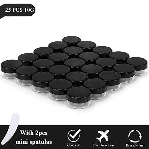 25PCS 10 Gram Sample Containers, 10ml Empty Jars with Lids, Small Cosmetic Containers, Mini Sample Jars with 2PCS Mini Spatulas for Make Up, Oils, Lotion, Powder, Paint, Jewelry, Lip Balms(Black Lid)