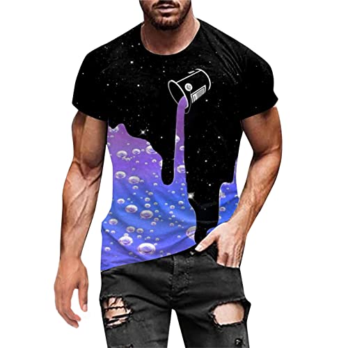 Men Fashion Casual Top Shirts Street 3D Digital Printing Top Round Neck T Shirt Top Trim Menswear T Shirt Blue