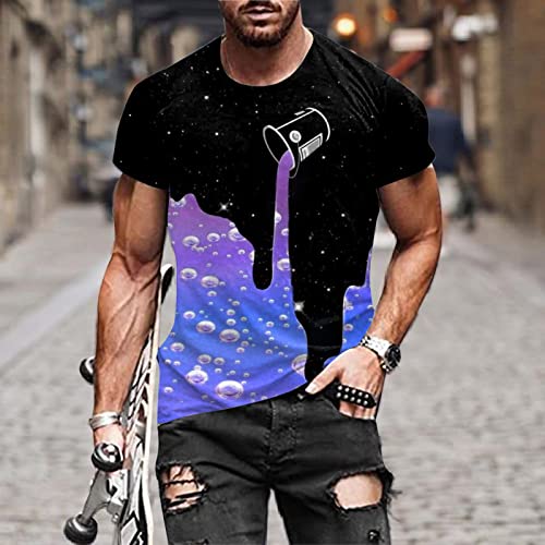 Men Fashion Casual Top Shirts Street 3D Digital Printing Top Round Neck T Shirt Top Trim Menswear T Shirt Blue