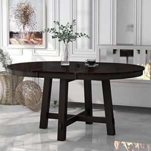 quarte farmhouse round extendable dining table with 16" leaf wood kitchen table