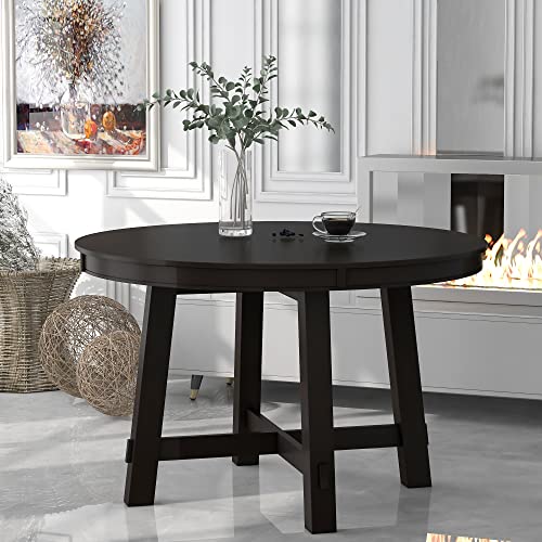 Quarte Farmhouse Round Extendable Dining Table with 16" Leaf Wood Kitchen Table