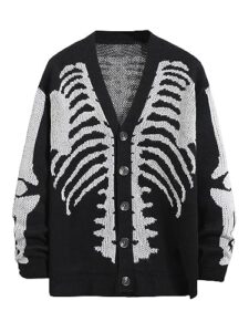 shenhe men's skeleton print long sleeve cardigan sweaters v neck button down outwear coats black l