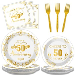 96 pcs 50th anniversary tableware set wedding party supplies 50 years anniversary dinnerware disposable golden plates napkins fork fifty anniversary party decorations birthday tableware for 24 guests