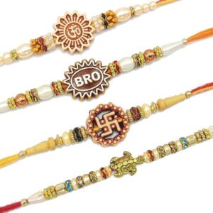 Rakhi for Brother Sister celebration. Designer Multicolor Stones Rakhi Gift, Wrist bands for loving, Brother, Sister, Father & family. (Rakhi Des.4- Om, Bro &Good Luck Tortoise Set of 4, Small)