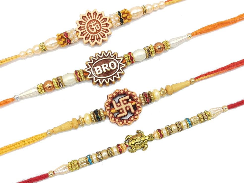 Rakhi for Brother Sister celebration. Designer Multicolor Stones Rakhi Gift, Wrist bands for loving, Brother, Sister, Father & family. (Rakhi Des.4- Om, Bro &Good Luck Tortoise Set of 4, Small)