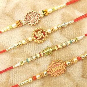 Rakhi for Brother Sister celebration. Designer Multicolor Stones Rakhi Gift, Wrist bands for loving, Brother, Sister, Father & family. (Rakhi Des.4- Om, Bro &Good Luck Tortoise Set of 4, Small)