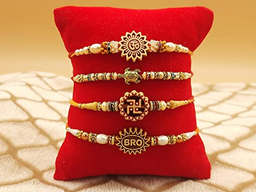 Rakhi for Brother Sister celebration. Designer Multicolor Stones Rakhi Gift, Wrist bands for loving, Brother, Sister, Father & family. (Rakhi Des.4- Om, Bro &Good Luck Tortoise Set of 4, Small)