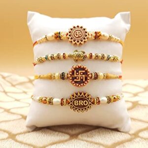 Rakhi for Brother Sister celebration. Designer Multicolor Stones Rakhi Gift, Wrist bands for loving, Brother, Sister, Father & family. (Rakhi Des.4- Om, Bro &Good Luck Tortoise Set of 4, Small)