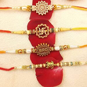 Rakhi for Brother Sister celebration. Designer Multicolor Stones Rakhi Gift, Wrist bands for loving, Brother, Sister, Father & family. (Rakhi Des.4- Om, Bro &Good Luck Tortoise Set of 4, Small)