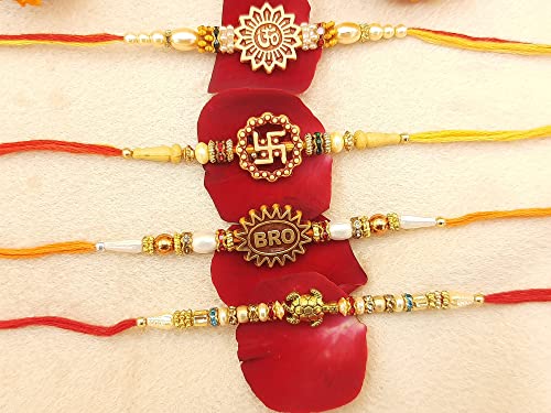 Rakhi for Brother Sister celebration. Designer Multicolor Stones Rakhi Gift, Wrist bands for loving, Brother, Sister, Father & family. (Rakhi Des.4- Om, Bro &Good Luck Tortoise Set of 4, Small)