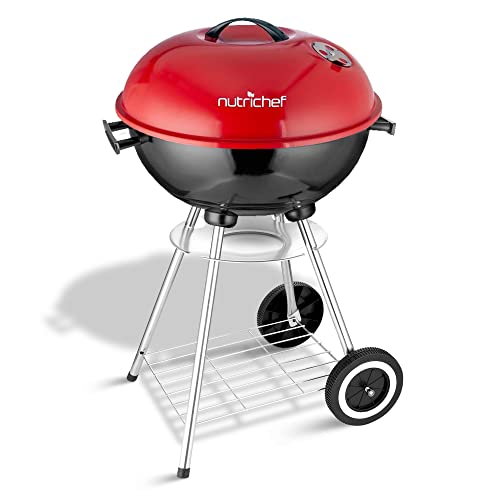 Portable Outdoor Charcoal BBQ Grill, Stainless Steel Charcoal Grill Offset Smoker with Ash Catcher and Red Cover, Multi-functional ideal for Bake. Braise, Smoke, Roast, and Grill