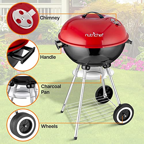 Portable Outdoor Charcoal BBQ Grill, Stainless Steel Charcoal Grill Offset Smoker with Ash Catcher and Red Cover, Multi-functional ideal for Bake. Braise, Smoke, Roast, and Grill