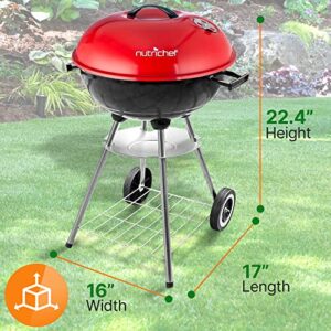 Portable Outdoor Charcoal BBQ Grill, Stainless Steel Charcoal Grill Offset Smoker with Ash Catcher and Red Cover, Multi-functional ideal for Bake. Braise, Smoke, Roast, and Grill