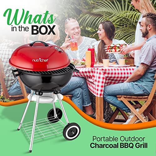 Portable Outdoor Charcoal BBQ Grill, Stainless Steel Charcoal Grill Offset Smoker with Ash Catcher and Red Cover, Multi-functional ideal for Bake. Braise, Smoke, Roast, and Grill