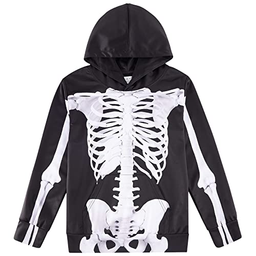 RAISEVERN Girls Boys Holloween Hoodies size 8 Pullover Hoodie Long Sleeve Casual Soft Kids Hooded Sweatshirt Cool 3D Hoodie Novelty Skeletons Hoody with Pockets Size 9 10 11