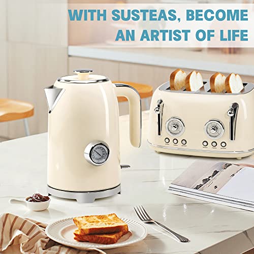 SUSTEAS Electric Kettle - 57oz Hot Tea Kettle Water Boiler with Thermometer, 1500W Fast Heating Stainless Steel Tea Pot, Cordless with LED Indicator, Auto Shut-Off & Boil Dry Protection, Beige