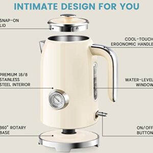 SUSTEAS Electric Kettle - 57oz Hot Tea Kettle Water Boiler with Thermometer, 1500W Fast Heating Stainless Steel Tea Pot, Cordless with LED Indicator, Auto Shut-Off & Boil Dry Protection, Beige