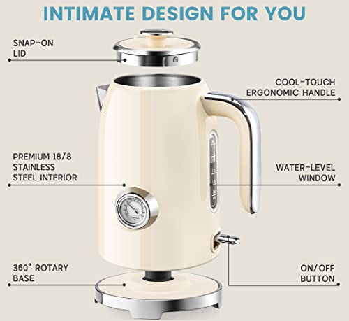 SUSTEAS Electric Kettle - 57oz Hot Tea Kettle Water Boiler with Thermometer, 1500W Fast Heating Stainless Steel Tea Pot, Cordless with LED Indicator, Auto Shut-Off & Boil Dry Protection, Beige