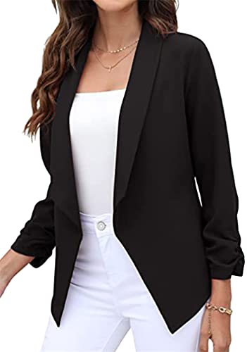 BOFETA Women's Casual 3/4 Sleeve Blazers Open Front Solid Lapel Ruched Sleeve Jacket Blazer Black M