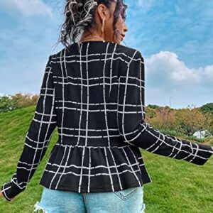 Milumia Women's Casual Plaid Ruffle Hem Open Front Long Sleeve Work Blazer Jackets Black Large