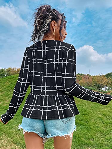 Milumia Women's Casual Plaid Ruffle Hem Open Front Long Sleeve Work Blazer Jackets Black Large