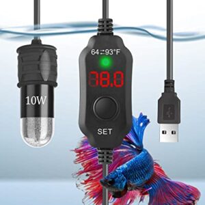 AquaMiracle Adjustable 10W Betta Heater Small Aquarium Heater Submersible Fish Tank Heater 5V/2A USB Powered Super Mini Aquarium Heater with Digital Display Thermostat, for up to 1 Gallon Tanks