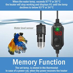 AquaMiracle Adjustable 10W Betta Heater Small Aquarium Heater Submersible Fish Tank Heater 5V/2A USB Powered Super Mini Aquarium Heater with Digital Display Thermostat, for up to 1 Gallon Tanks