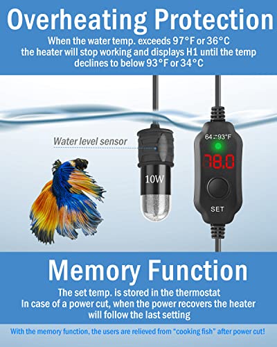 AquaMiracle Adjustable 10W Betta Heater Small Aquarium Heater Submersible Fish Tank Heater 5V/2A USB Powered Super Mini Aquarium Heater with Digital Display Thermostat, for up to 1 Gallon Tanks