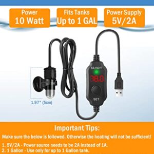 AquaMiracle Adjustable 10W Betta Heater Small Aquarium Heater Submersible Fish Tank Heater 5V/2A USB Powered Super Mini Aquarium Heater with Digital Display Thermostat, for up to 1 Gallon Tanks