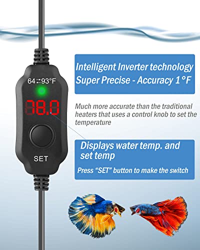 AquaMiracle Adjustable 10W Betta Heater Small Aquarium Heater Submersible Fish Tank Heater 5V/2A USB Powered Super Mini Aquarium Heater with Digital Display Thermostat, for up to 1 Gallon Tanks