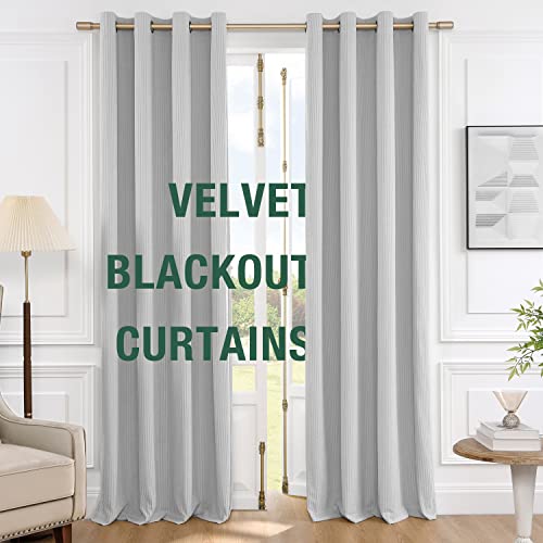 Grey Velvet Blackout Curtains for Bedroom 84inch Length Striped Corduroy Curtain Panels for Living Room Bedroom Grommet Top Room Darkening Curtains 52" W 2 Panels