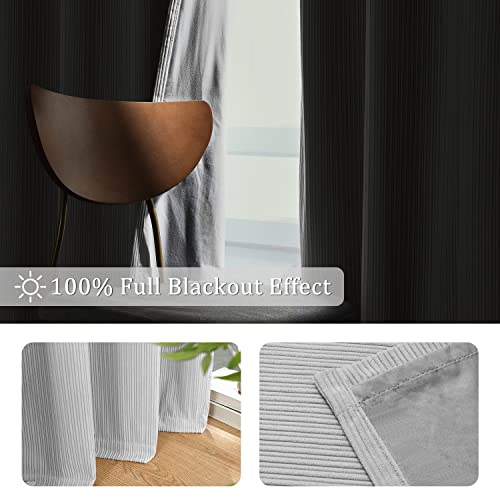 Grey Velvet Blackout Curtains for Bedroom 84inch Length Striped Corduroy Curtain Panels for Living Room Bedroom Grommet Top Room Darkening Curtains 52" W 2 Panels