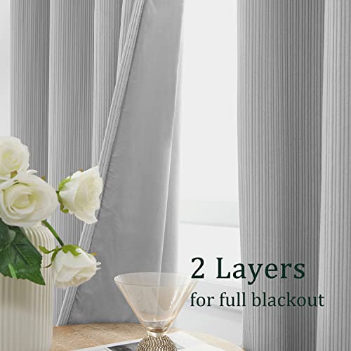 Grey Velvet Blackout Curtains for Bedroom 84inch Length Striped Corduroy Curtain Panels for Living Room Bedroom Grommet Top Room Darkening Curtains 52" W 2 Panels