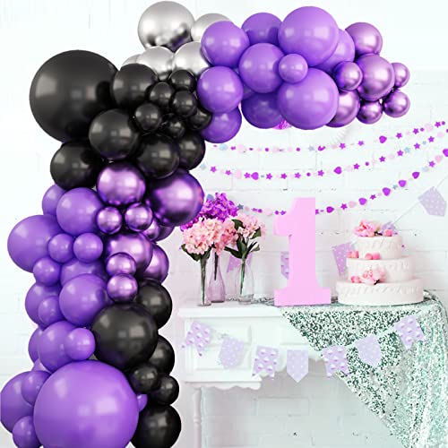 GREMAG Purple Balloon Garland Kit, 112 Pcs Black Purple Metallic Silver Balloon Arch Kits, 5 10 12 18 Inch Latex Balloons for Graduation Decorations Birthday Party Anniversary Backdrop Halloween