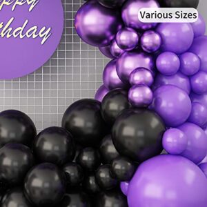 GREMAG Purple Balloon Garland Kit, 112 Pcs Black Purple Metallic Silver Balloon Arch Kits, 5 10 12 18 Inch Latex Balloons for Graduation Decorations Birthday Party Anniversary Backdrop Halloween