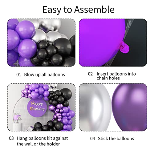 GREMAG Purple Balloon Garland Kit, 112 Pcs Black Purple Metallic Silver Balloon Arch Kits, 5 10 12 18 Inch Latex Balloons for Graduation Decorations Birthday Party Anniversary Backdrop Halloween