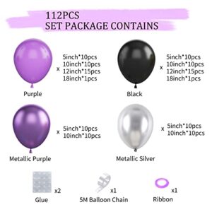 GREMAG Purple Balloon Garland Kit, 112 Pcs Black Purple Metallic Silver Balloon Arch Kits, 5 10 12 18 Inch Latex Balloons for Graduation Decorations Birthday Party Anniversary Backdrop Halloween