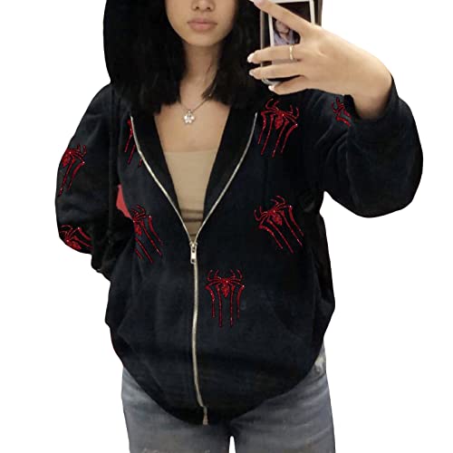 Yuemengxuan Women Y2k Goth Zip Up Hoodie Long Sleeve Harajuku Sweatshirt Aesthetic Casual Oversized Hooded Top Streetwear (Spider, M)