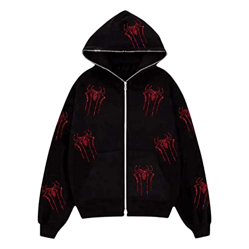 Yuemengxuan Women Y2k Goth Zip Up Hoodie Long Sleeve Harajuku Sweatshirt Aesthetic Casual Oversized Hooded Top Streetwear (Spider, M)