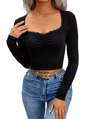 SOLY HUX Womens Long Sleeve Crop Tops T Shirts Ribbed Knit Lace Ruched Sweetheart Neck Casual Basic Fitted Tees Solid Black A S